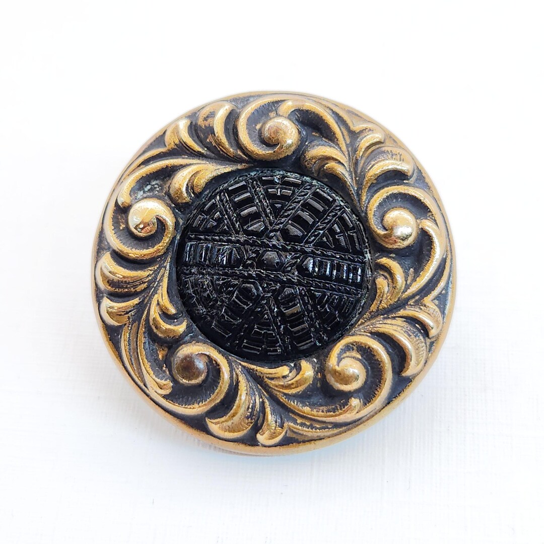 Antique Brass Sewing Button ~ Molded Black Glass W/ Spoked Star Design ...