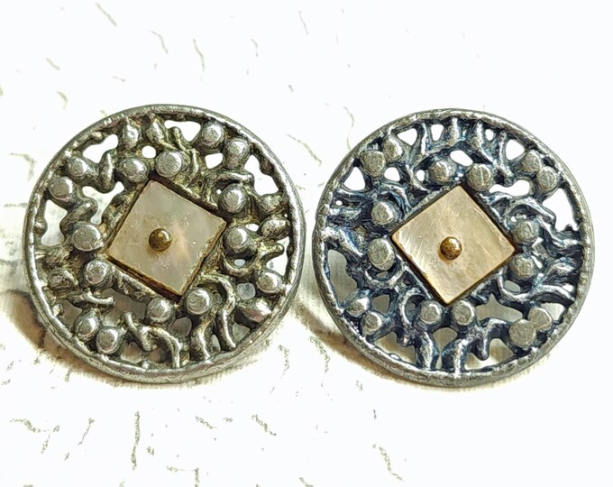 2 Antique Pierced Pewter Pin Shank Buttons One W/ Blue Tint Square ...