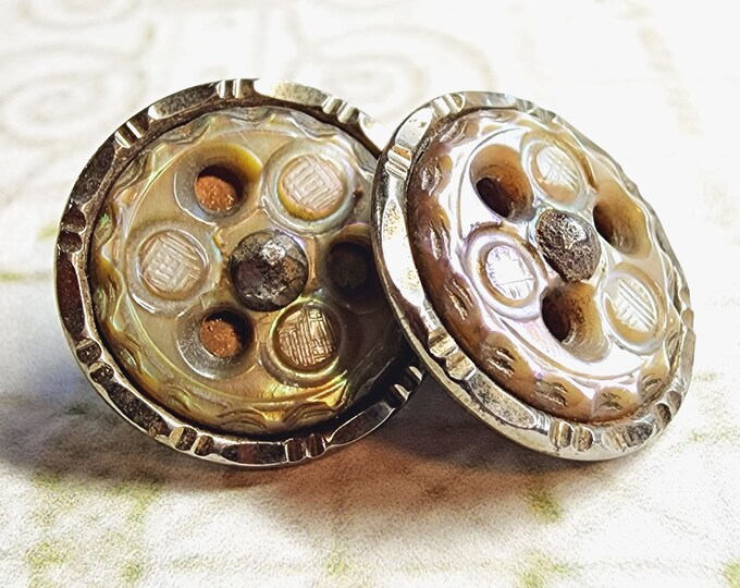 Pair of Antique Steel Cup Buttons ~ Carved & Pierced Mother of Pearl ...