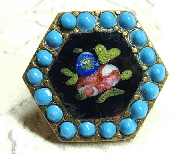 Antique Hexagonal Enameled Brass Button ~ Emaux Peints Flowers W ...