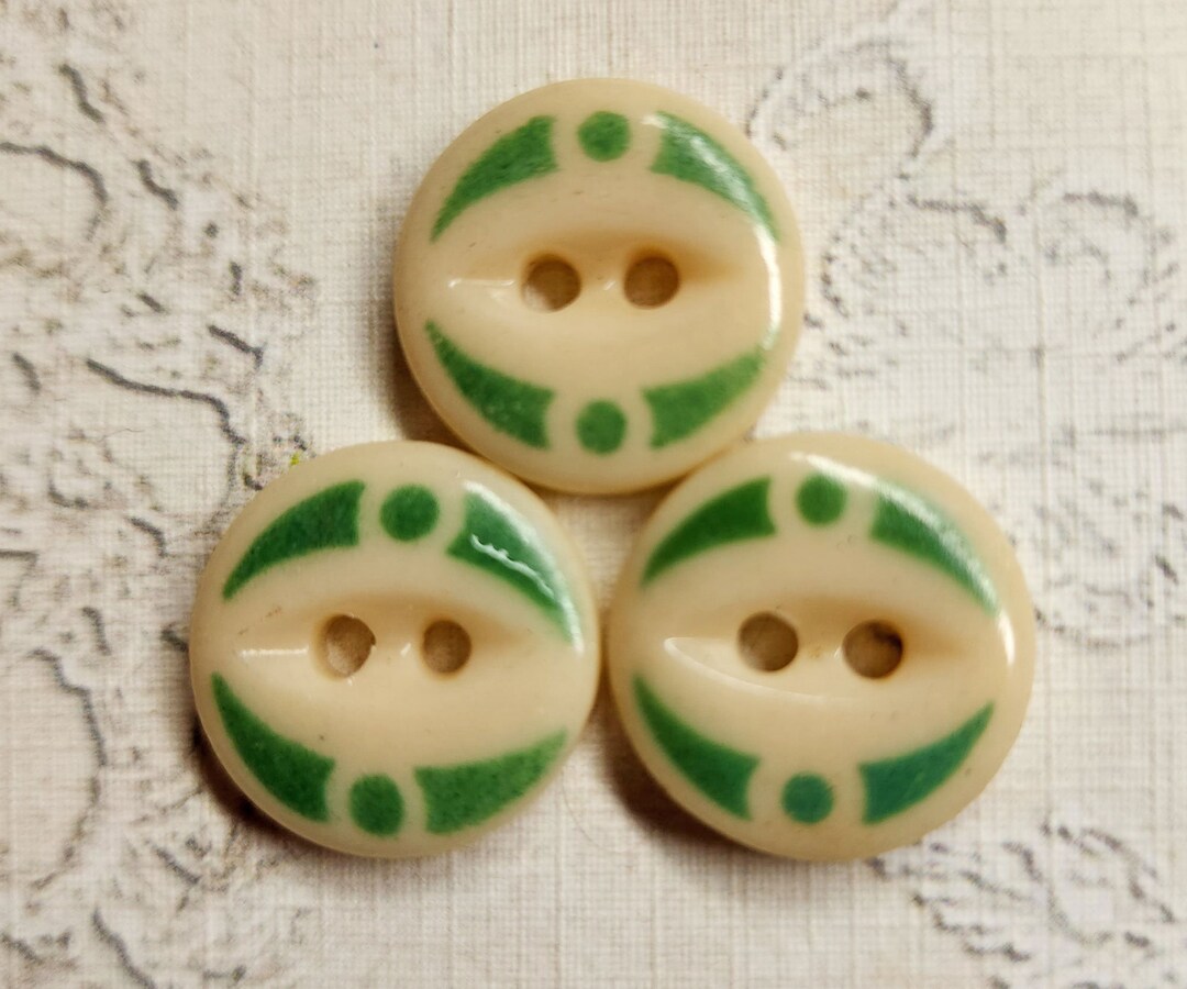 Set of 3 Antique China Stencil Buttons Pattern No 6 Green on Cream ...