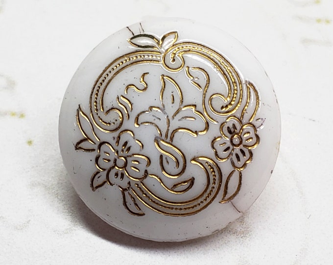 Antique White Victorian Glass Button ~ Gold Luster Incised Floral ~ 9/ ...
