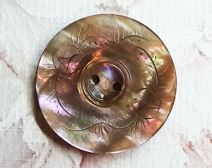Antique Abalone Shell Sewing Button With Ornate Engraved Floral Border ...
