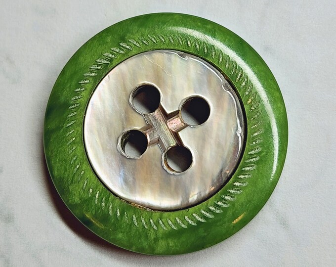 Vintage Apple Green Engraved Plastic Coat Button W/ Carved Mother of ...