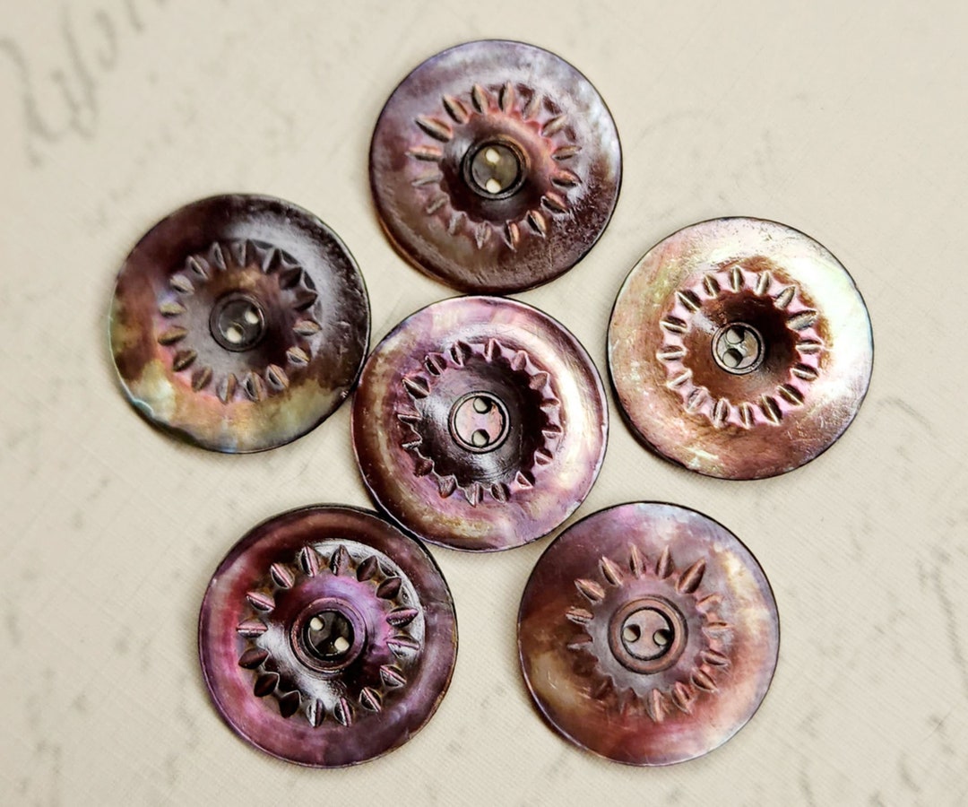 6 Antique Carved Smoky Oyster Shell Sewing Buttons Mother of Pearl MOP ...
