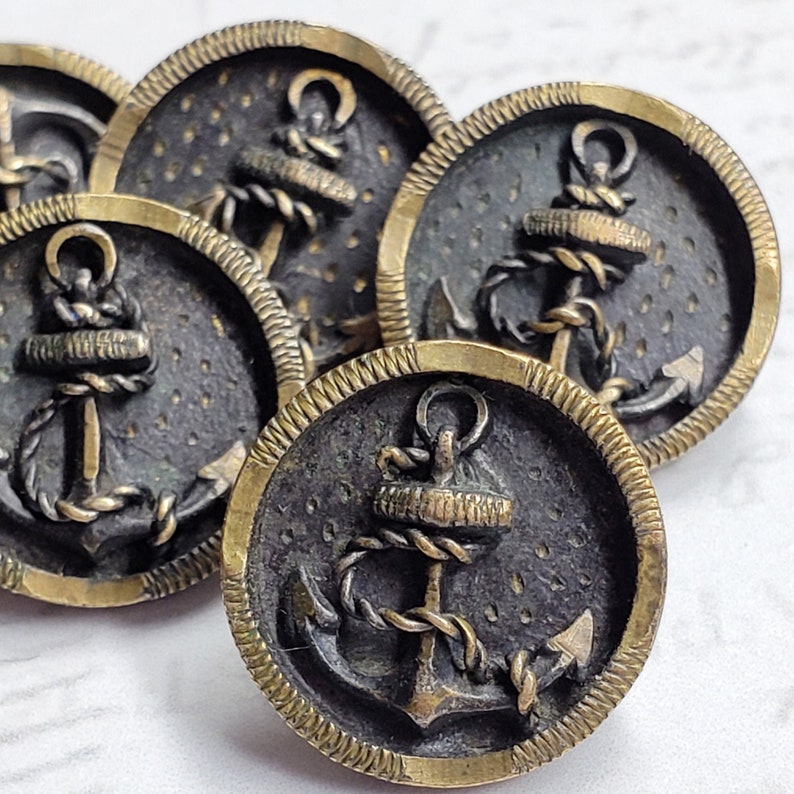 Set Of 6 Vintage Brass Anchor Buttons Heavy One Piece Etsy