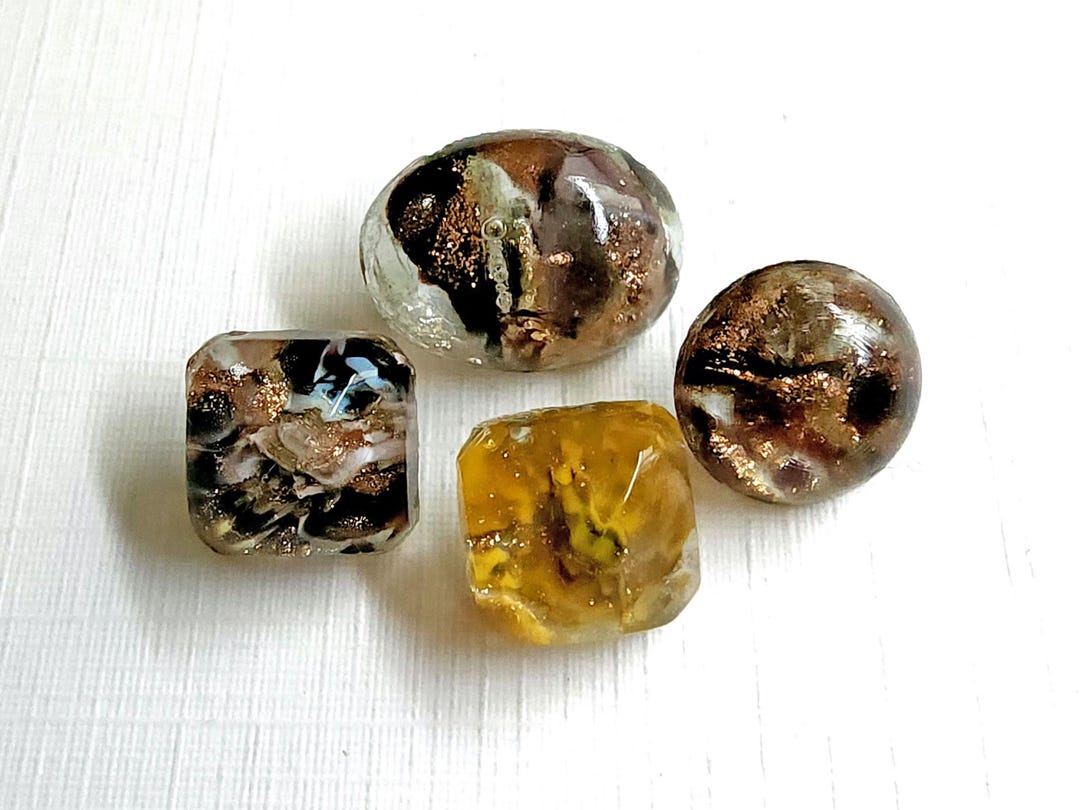 4 Antique Leo Popper Glass Buttons W/ Foil & Goldstone Inclusions ~ 2 ...