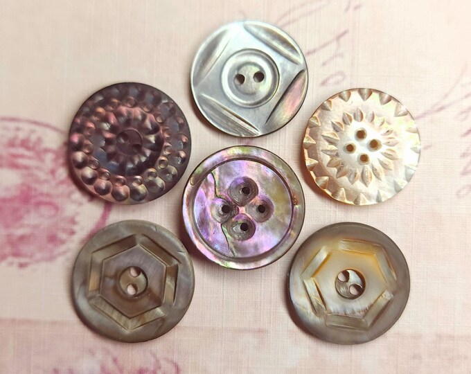6 Mixed Antique Carved Mother of Pearl Sewing Buttons ~ All Approx 7/8 ...