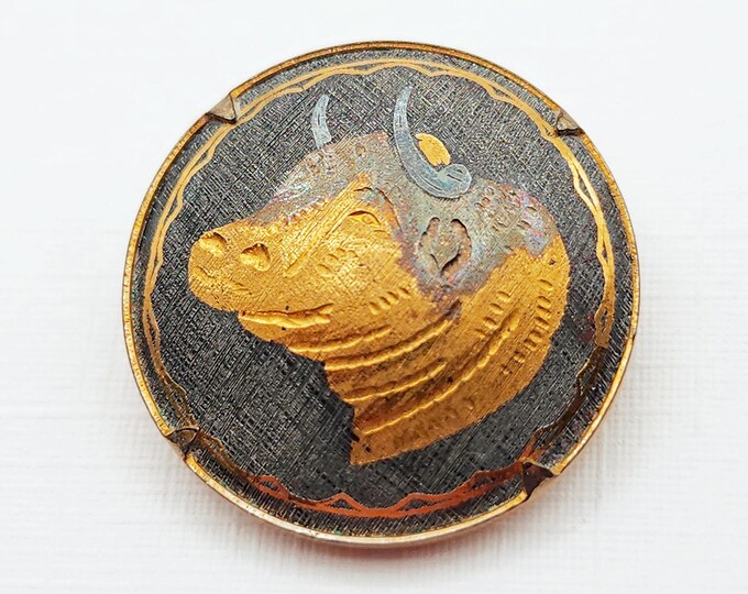 Vintage 1 Pc Convex Steel Engraved Animal Picture Button ~ Bull ...