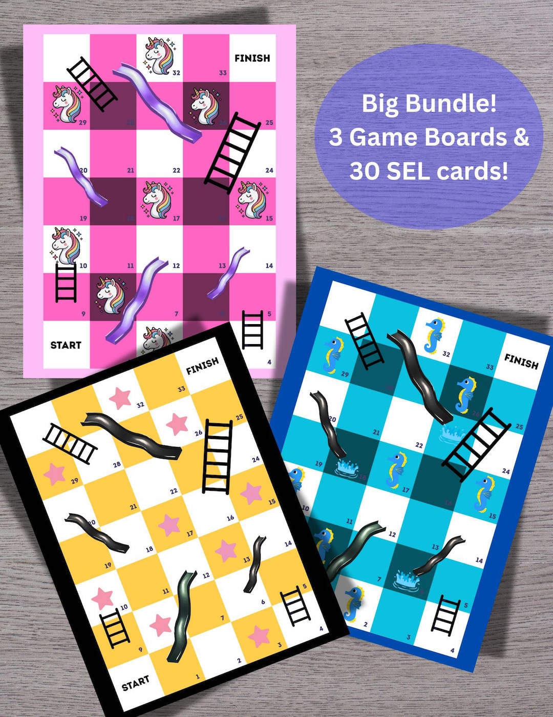 SEL Snakes & Ladders Board Game Bundle • Unicorn, Ocean, Stars (PDF ...