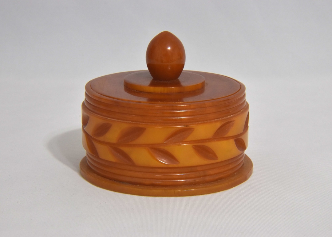 Vintage Round Butterscotch Bakelite Powder Box With Carved Laurel ...