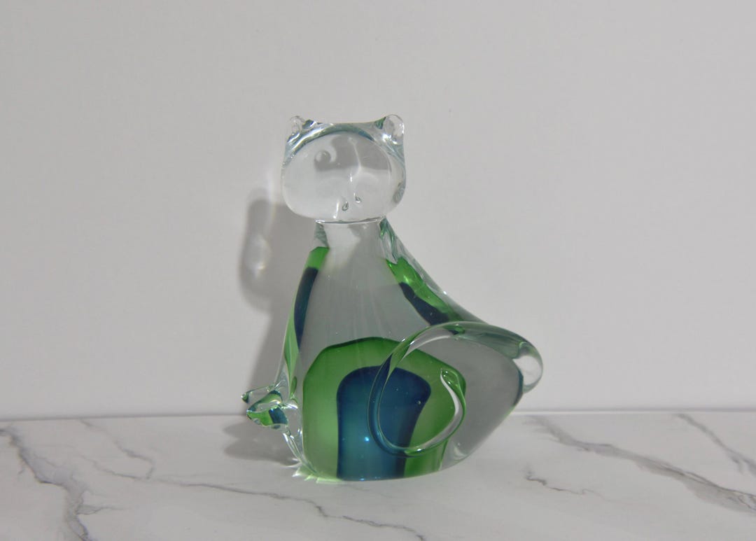 Vintage Clear, Green & Blue Glass Cat Figurine. Murano Style Sommerso ...