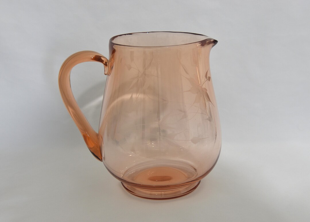 Clear Pink Depression Glass Pitcher With Etched Floral Design. Pink ...