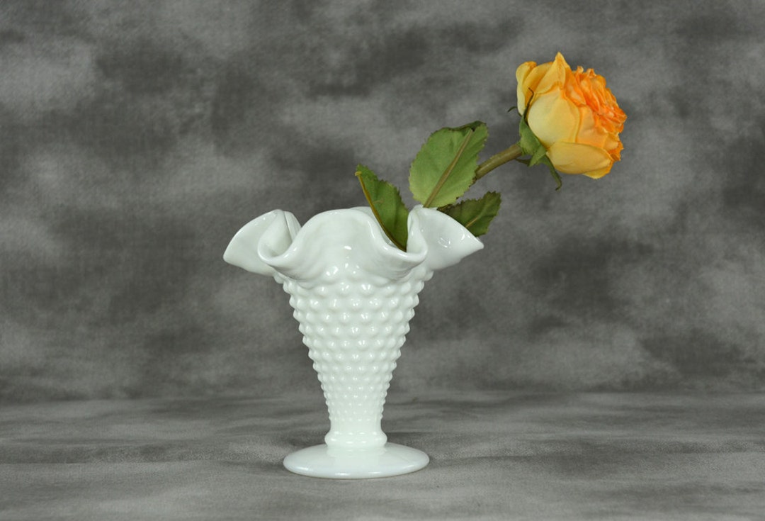 PRICE DROP. Small Fenton Hobnail Milk Glass Crimped Fluted Vase. Marked ...