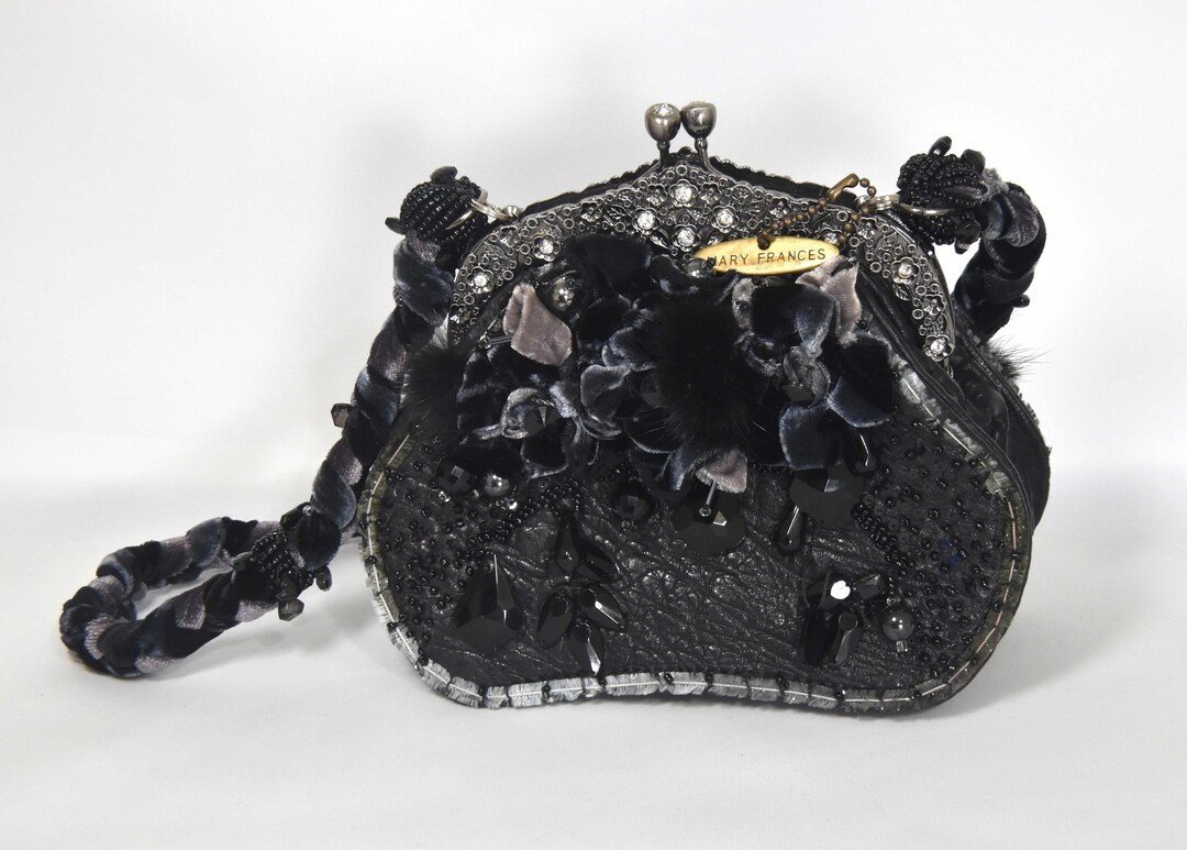 Mary Frances Leather, Black Floral Velvet, Beads and Rhinestone Evening ...