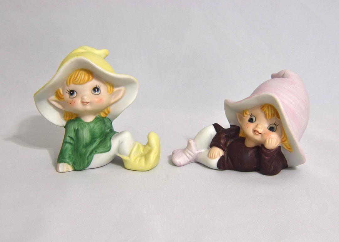Set of Two Homeco Fairy Pixie Elf Figurines. Vintage Bisque Porcelain ...