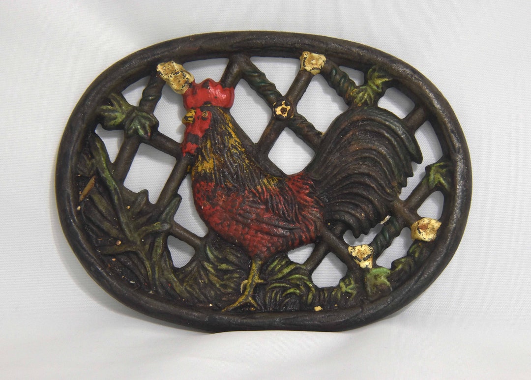 Vintage Painted Rooster Cast Iron Trivet. Footed Black Cast Iron ...