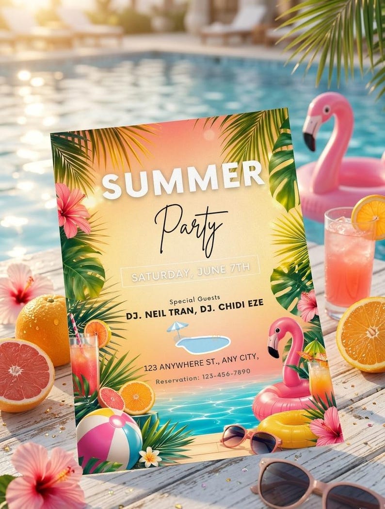 Summer Pool Party Invitation Template Editable in Canva | Tropical ...