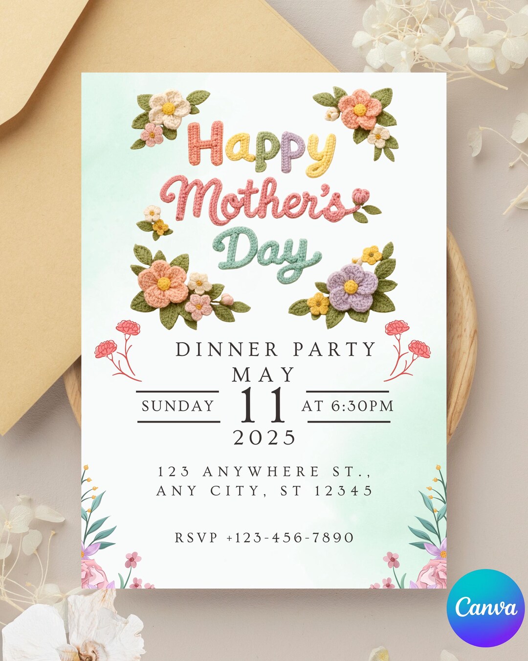 Mother’s Day Dinner Party Invitation, Crochet Floral Mothers Day Invite ...