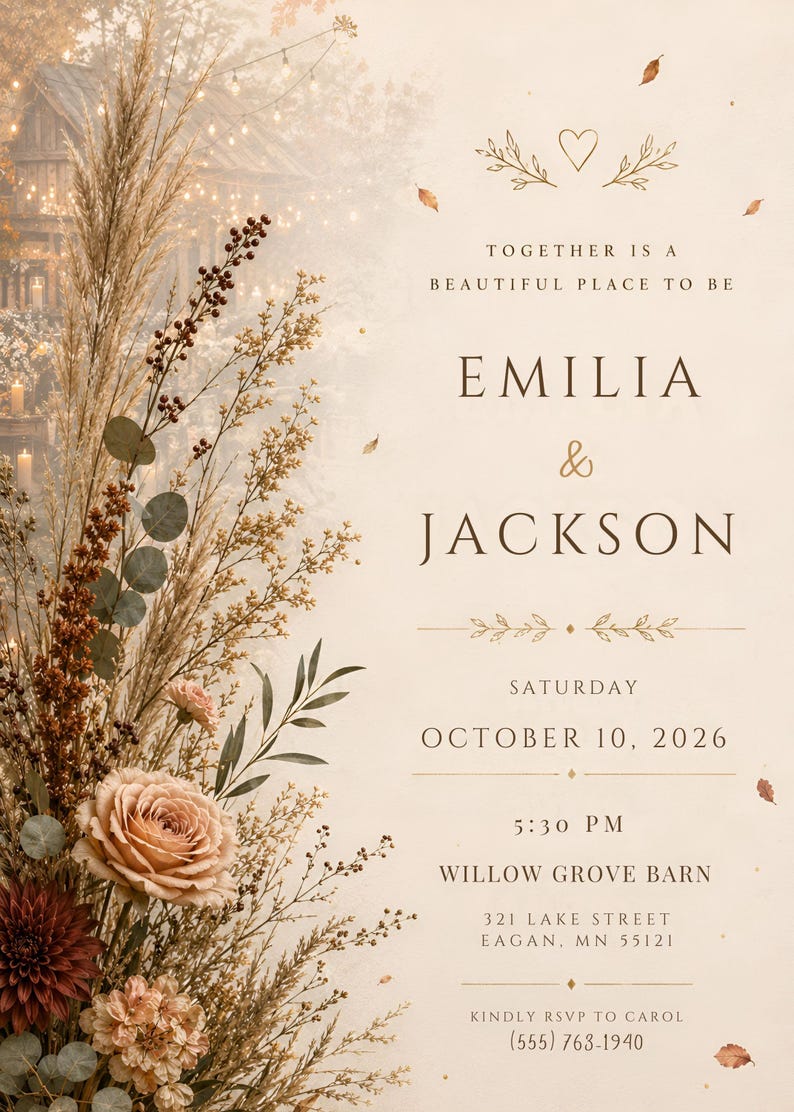 Rustic Wedding Invitation, Fall Wedding Invite, Elegant Autumn Wedding ...