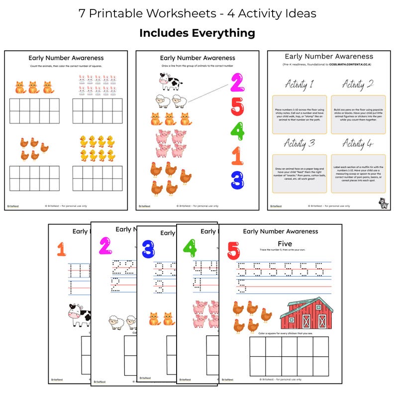 Early Number Awareness Learning Kit for Pre-k | Printable Preschool ...