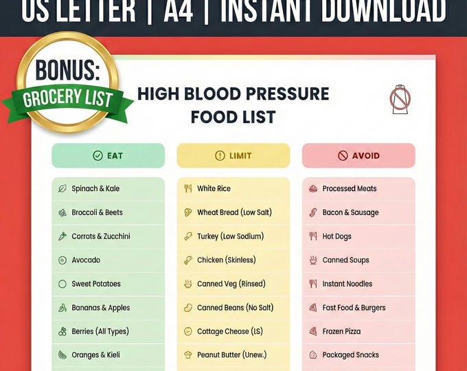 High Blood Pressure Food List Printable, Low Sodium Grocery List PDF ...