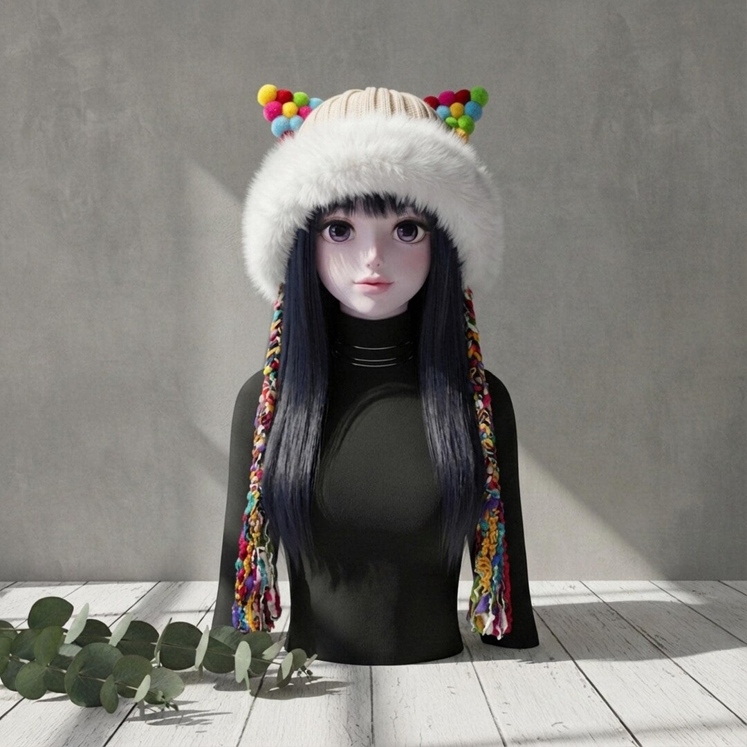 Handmade Cream Cat Hat Faux Fur Beanie Pom Poms Kawaii Winter - Etsy