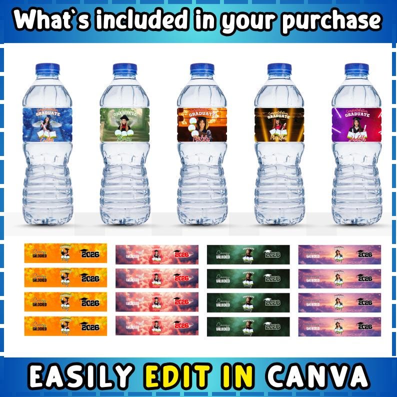 Water Bottle Label Graduation Templates, Canva Editable Water Bottle ...