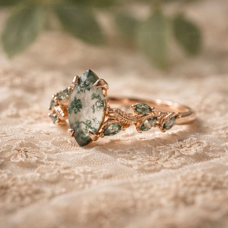 Marquise Moss Agate Ring, Nature Inspired Leaf Ring, Green Moss Agate ...