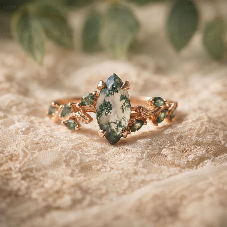 Marquise Moss Agate Ring, Nature Inspired Leaf Ring, Green Moss Agate ...