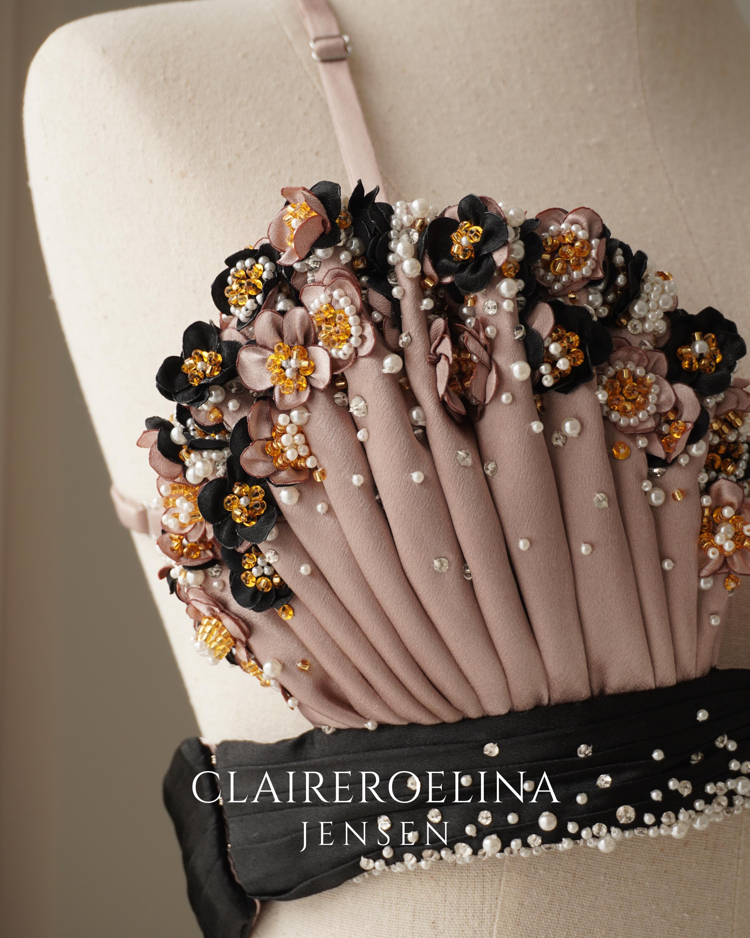 Hand-embroidered Shell Cup Bralette – Champagne Satin, Pearl Flower ...