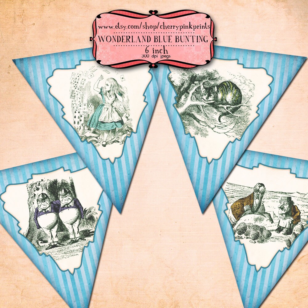 ALICE in WONDERLAND Decoration, Blue Bunting, Digital Printable Bunting ...