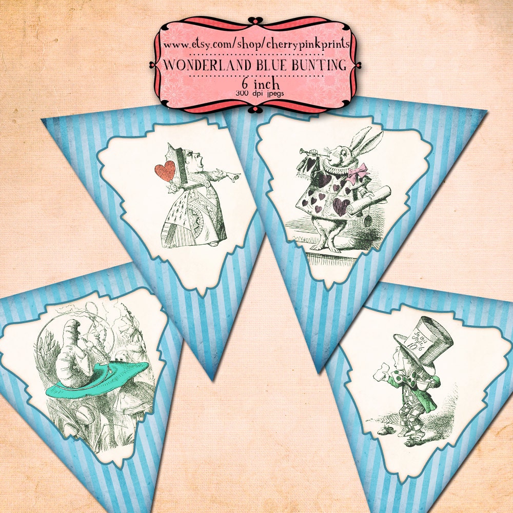 ALICE in WONDERLAND decoration blue bunting digital | Etsy