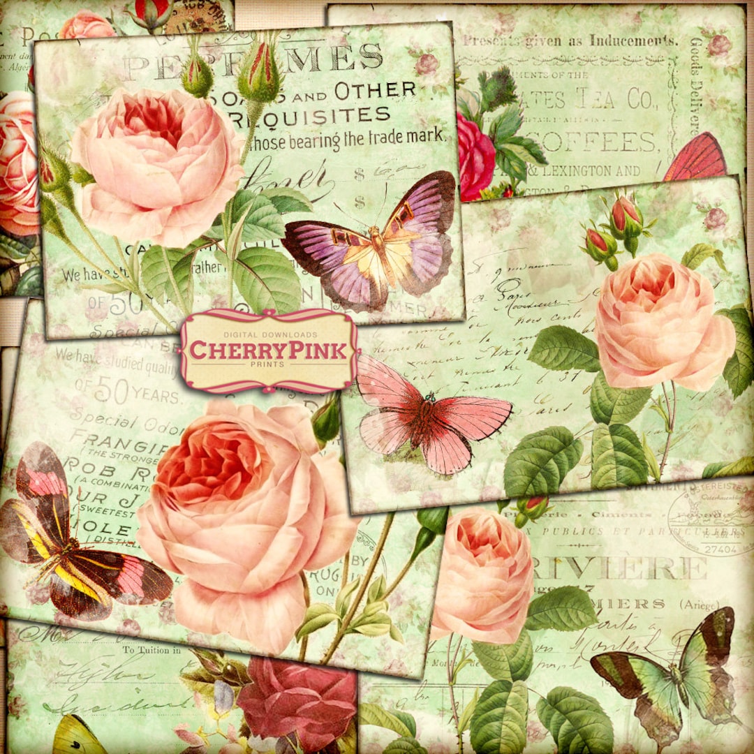 Rose Collage Sheet, 8 Rose Ephemera Designs, Butterfly Illustrations ...