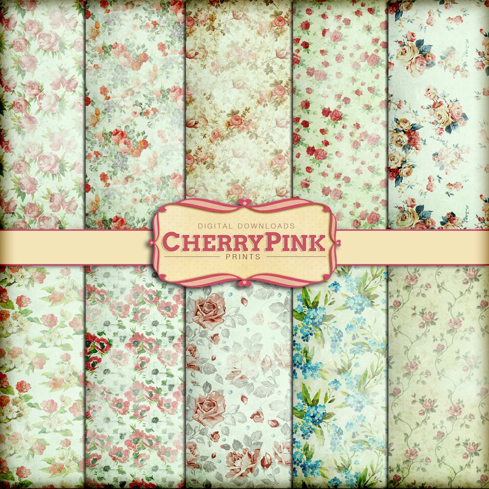 Flower Scrapbook Paper Green Shabby Chic Digital Paper 12x12 | Etsy