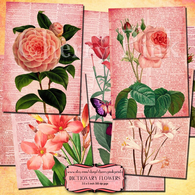 Digital Collage Sheet VINTAGE DICTIONARY FLOWER Vintage Designs ...
