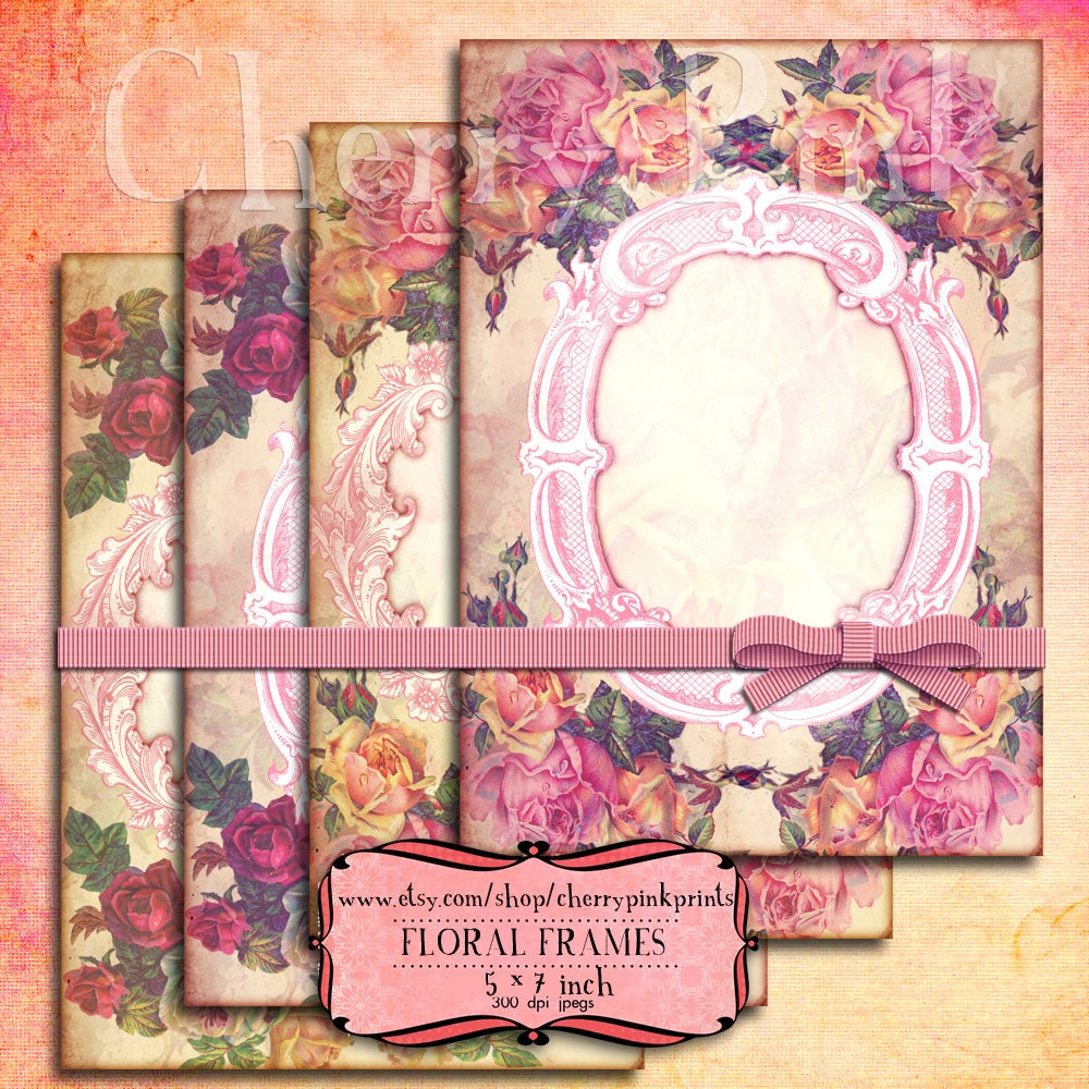 Digital Paper Vintage FLORAL FRAMES Collage Shabby Texture Digital ...