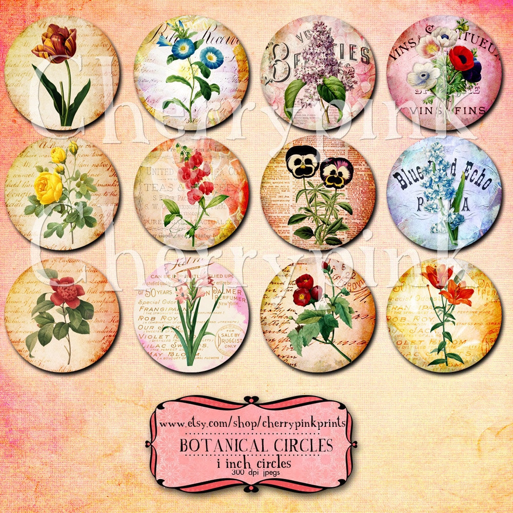 Flower 1 inch circle digital collage sheet floral round | Etsy