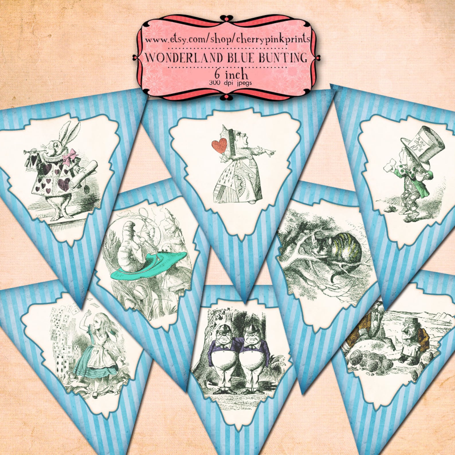 ALICE in WONDERLAND Decoration, Blue Bunting, Digital Printable Bunting ...