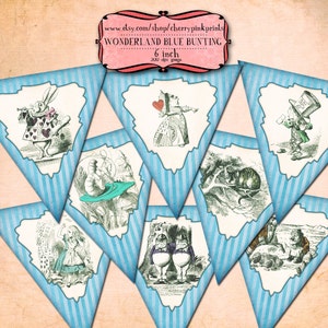 ALICE in WONDERLAND Decoration, Blue Bunting, Digital Printable Bunting ...