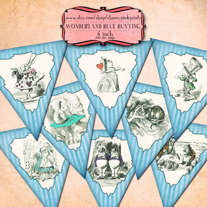 ALICE in WONDERLAND Decoration, Blue Bunting, Digital Printable Bunting ...