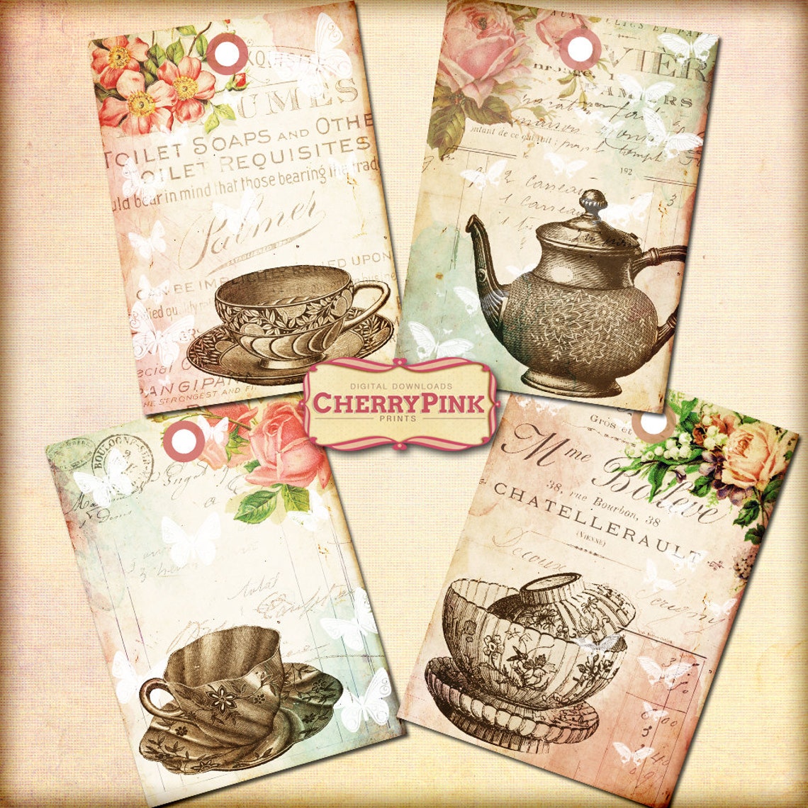 VINTAGE TEA PARTY Tags Printable Tags Digital Collage Sheet | Etsy