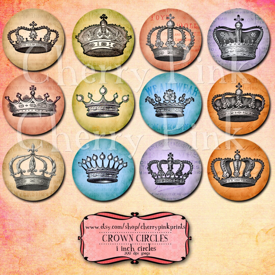 Crown Circles, One Inch Round Image, Jewellery Digital Collage Sheet ...