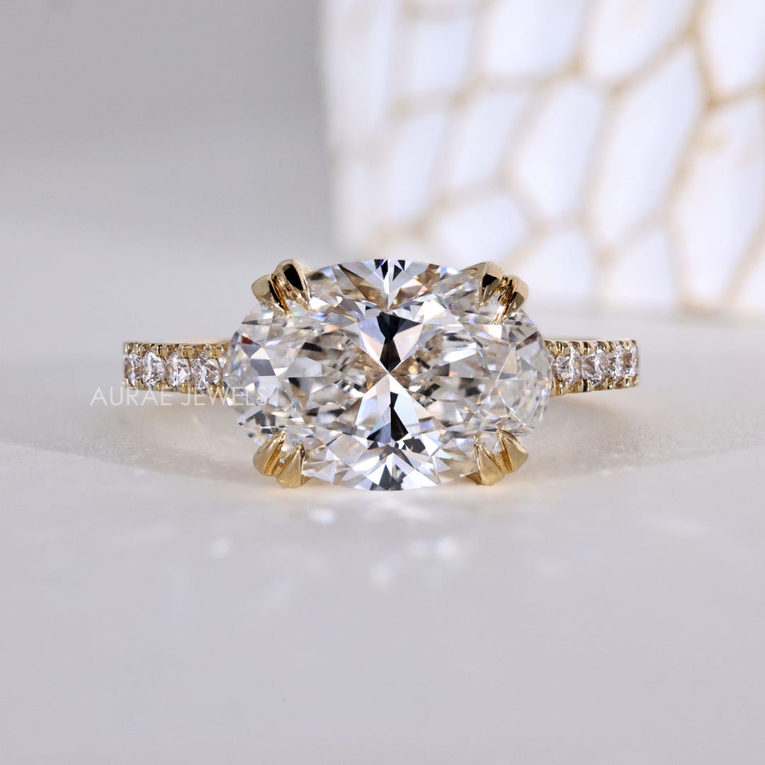 East West Oval Diamond Engagement Ring, Double Claw Prong With Pave ...