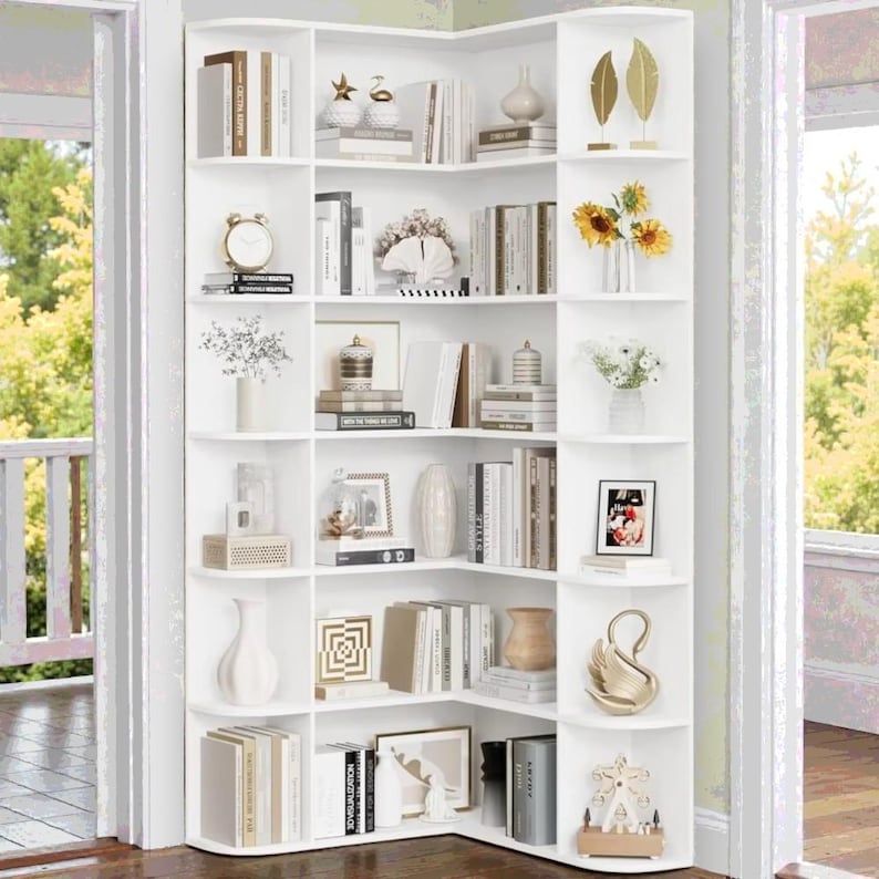Tall Corner Bookshelf With 6 Shelves – Modern L-shaped Bookcase for ...