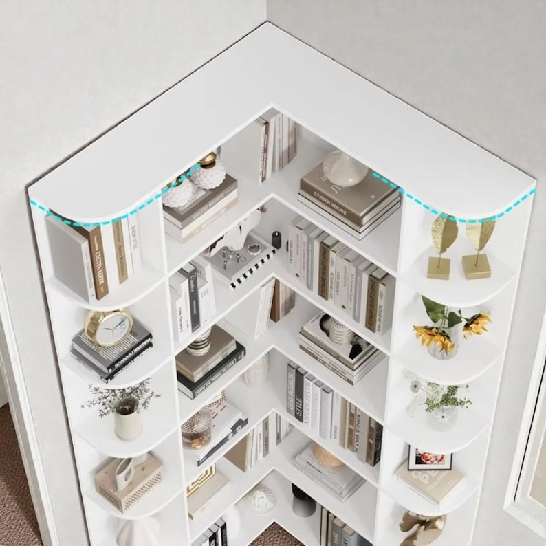 Tall Corner Bookshelf With 6 Shelves – Modern L-shaped Bookcase for ...