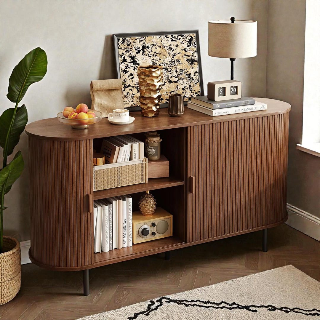 Fluted Wood Sideboard With Storage – 55” Buffet Console Table for ...