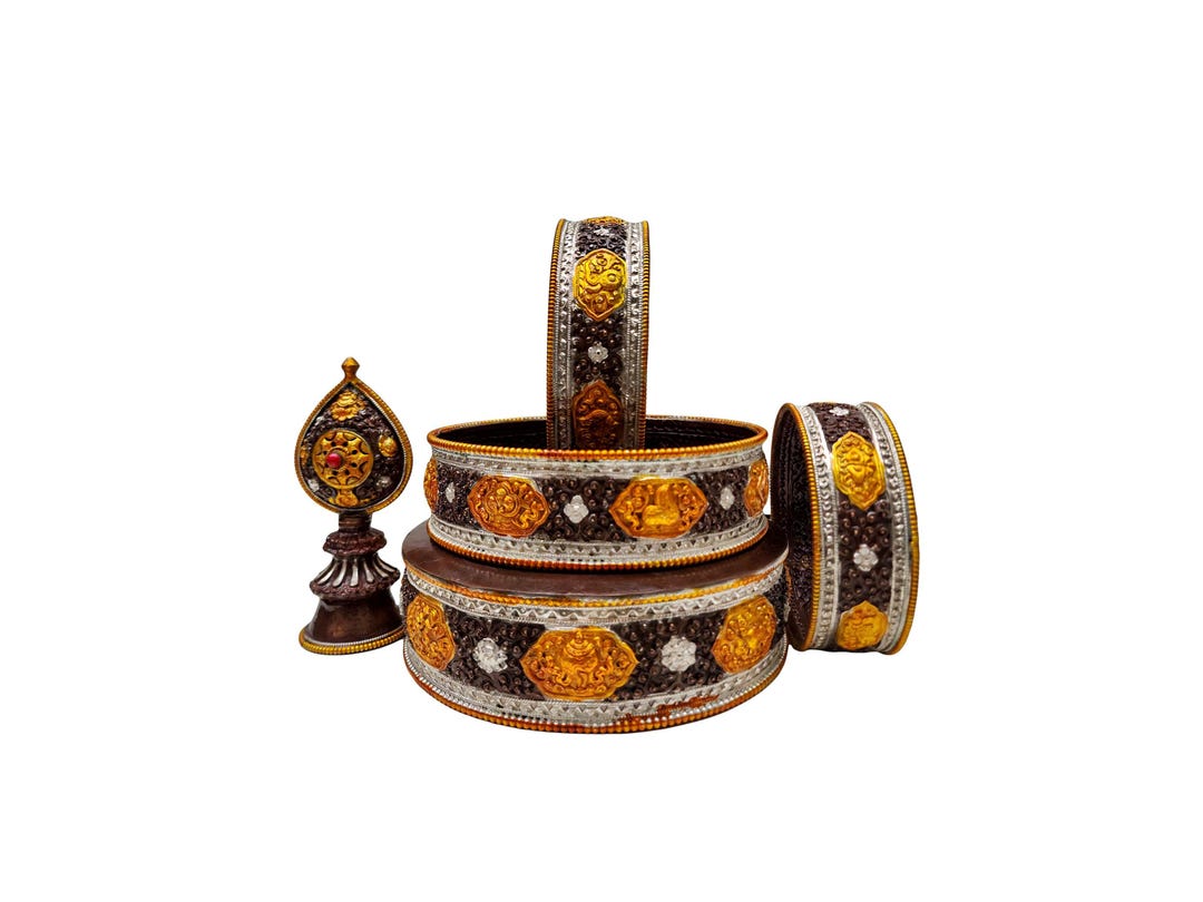 9-inch Large Copper Ratna Mandala Offering With Carving, Gold Plated ...