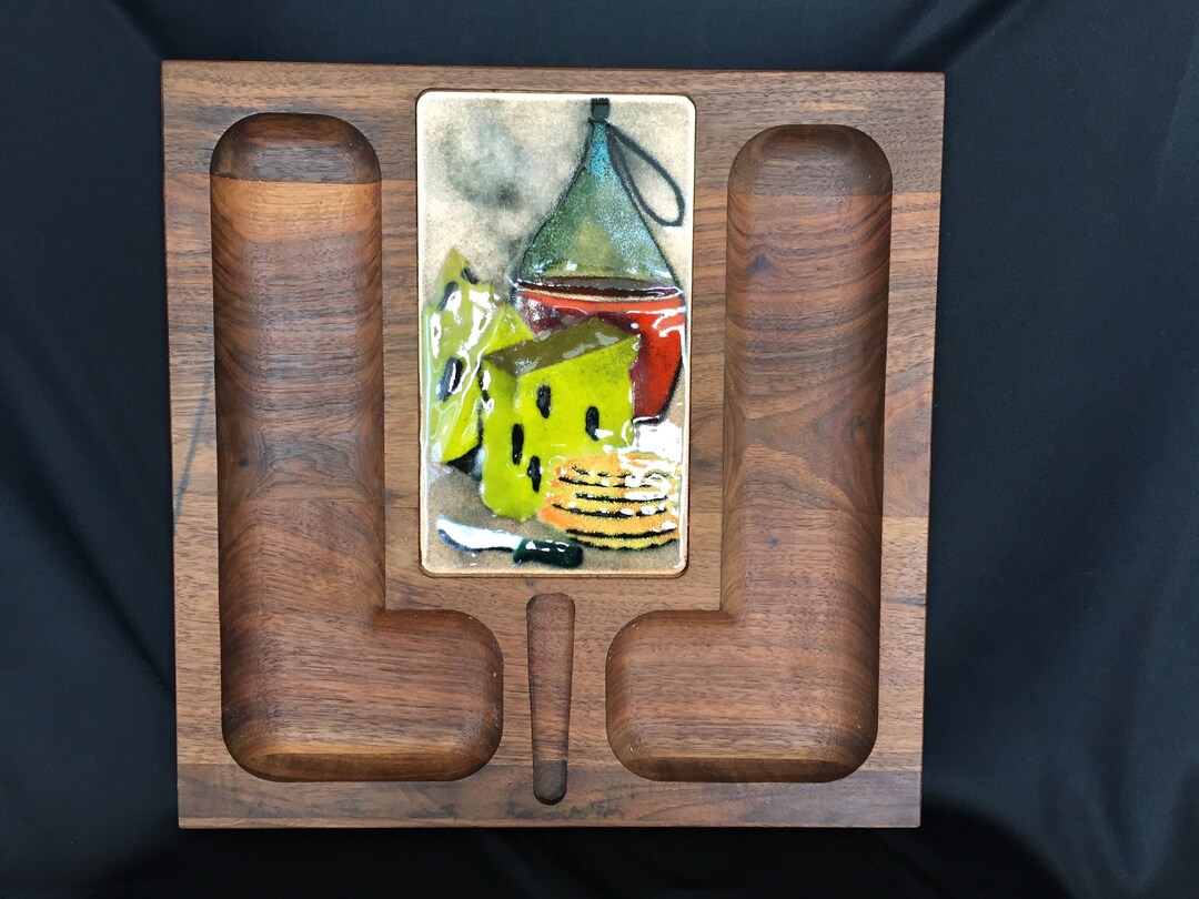 Bovano of Cheshire (ct) Wood and Enameled Tile Cheese Tray MCM Mid ...