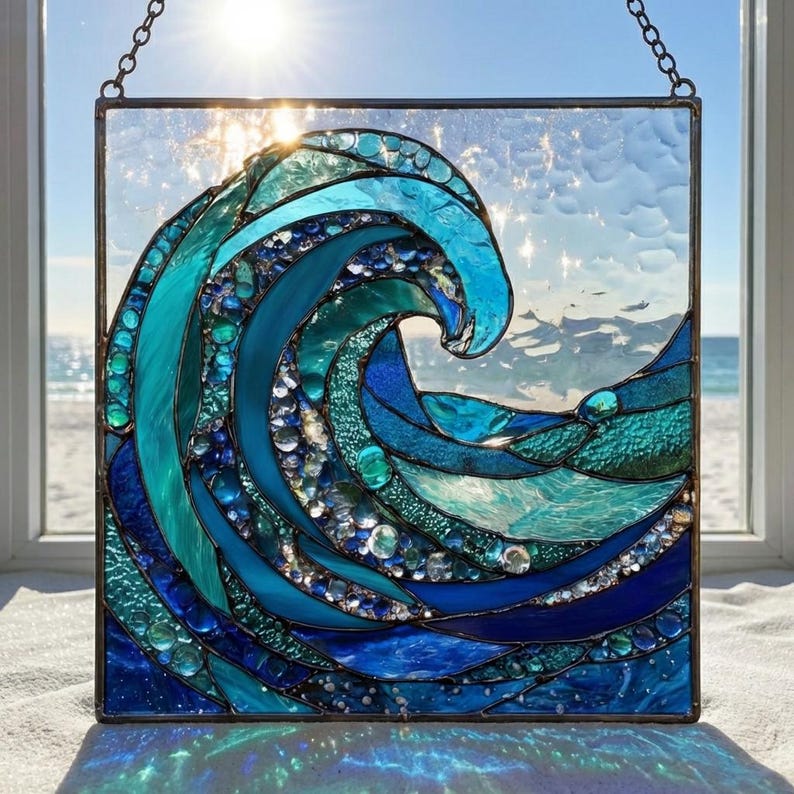 Ocean Wave Stained Glass Suncatcher Beach Coastal Glass Suncatcher ...